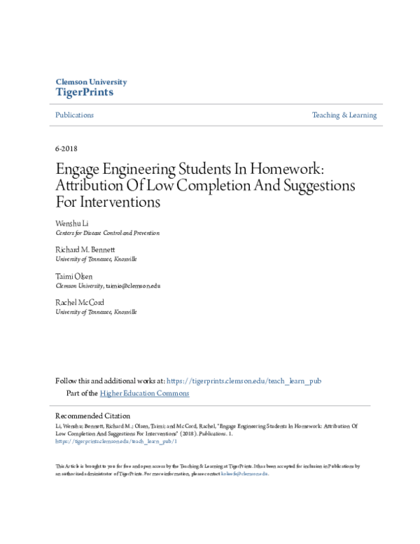 (PDF) Engage Engineering Students In Homework: Attribution Of Low ...