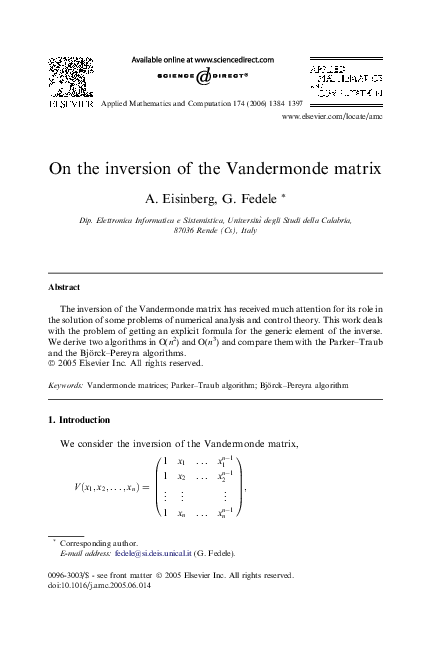 (PDF) On the inversion of the Vandermonde matrix | C. Picardi - Academia.edu