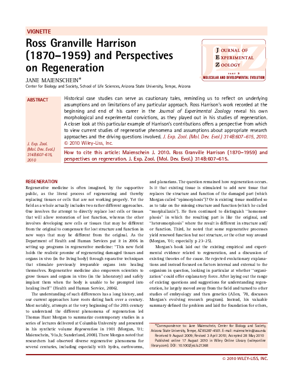 (PDF) Ross Granville Harrison (1870-1959) and perspectives on regeneration