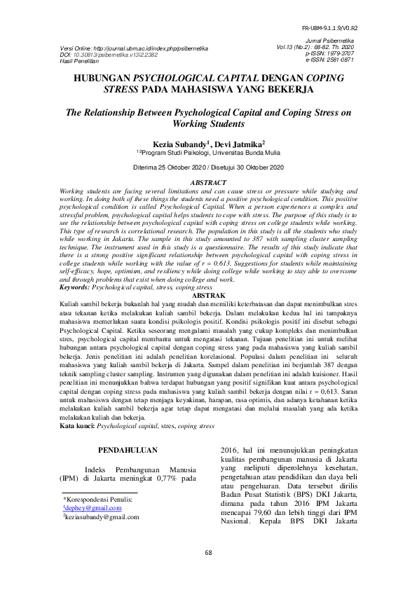 (PDF) Hubungan Psychological Capital dengan Coping Stress pada Mahasiswa yang Bekerja