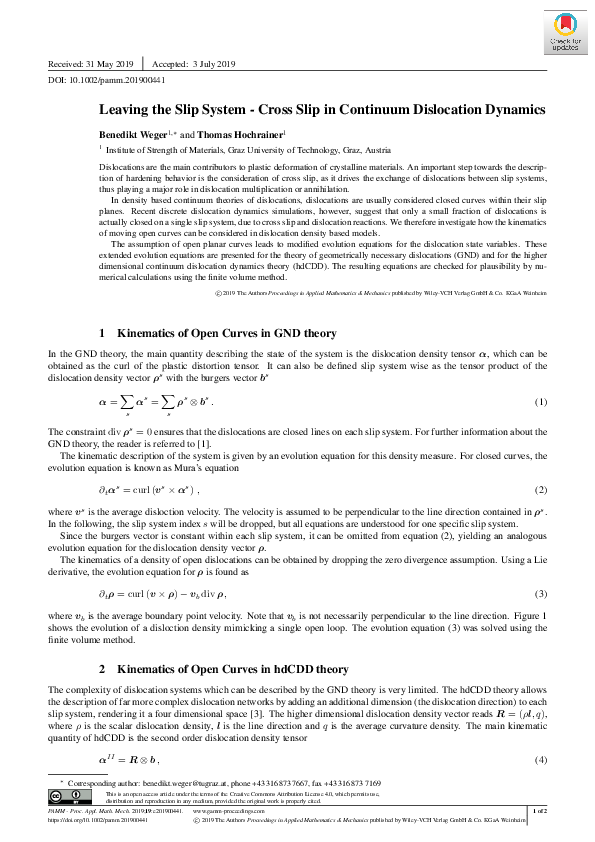 (PDF) Leaving the Slip System ‐ Cross Slip in Continuum Dislocation Dynamics