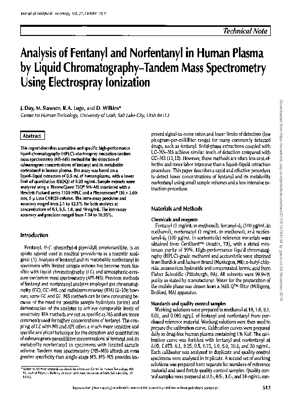 (PDF) Analysis of Fentanyl and Norfentanyl in Human Plasma by Liquid ...