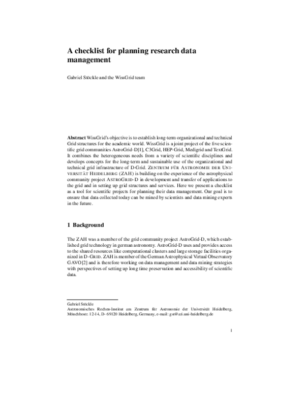 (PDF) Checklist for Effective Research Data Management