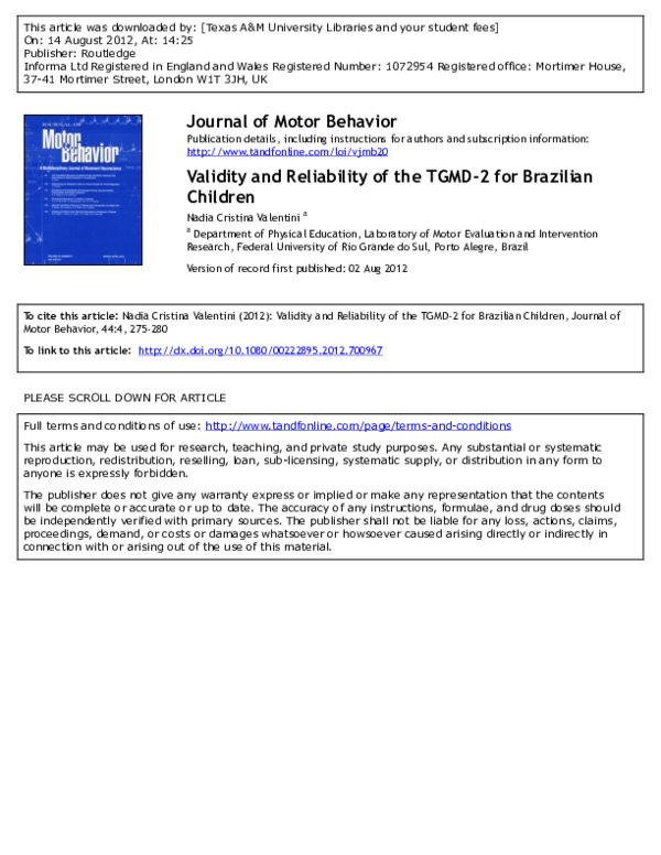 (PDF) Validity and Reliability of the TGMD-2 for Brazilian Children