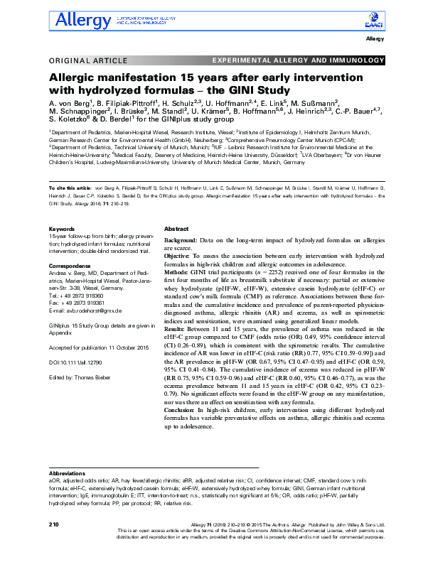 (PDF) Allergic manifestation 15 years after early intervention with hydrolyzed formulas - the ...