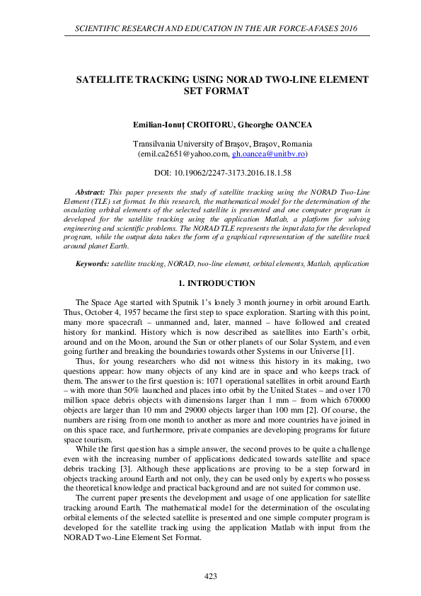 (PDF) Satellite Tracking Using Norad Two-Line Element Set Format