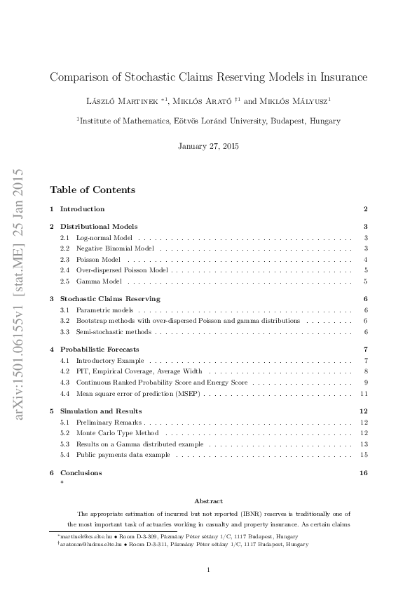 (PDF) Comparison of Stochastic Claims Reserving Models in Insurance