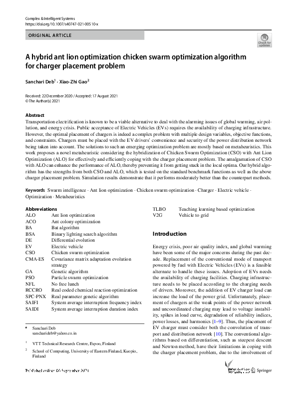 Pdf A Hybrid Ant Lion Optimization Chicken Swarm Optimization Algorithm For Charger Placement 9199