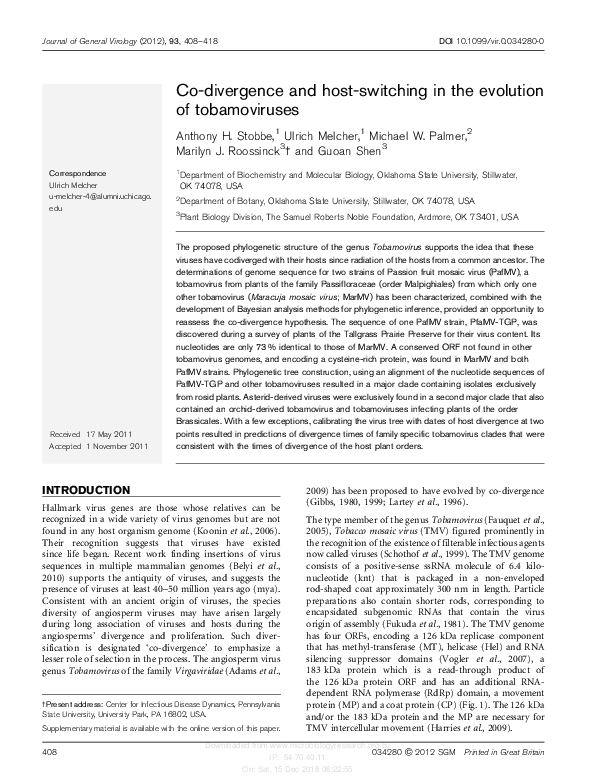 (PDF) Co-divergence and host-switching in the evolution of tobamoviruses