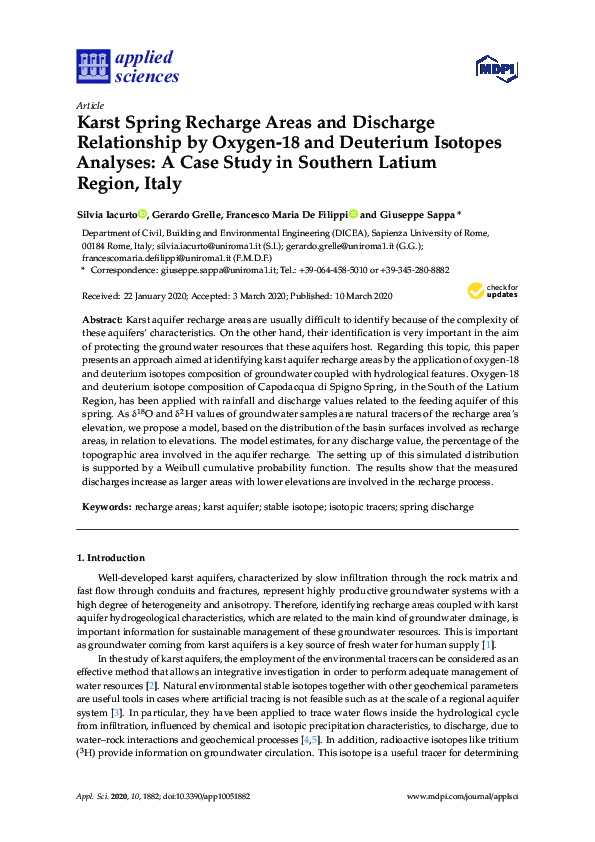 (PDF) Karst Spring Recharge Areas and Discharge Relationship by Oxygen-18 and Deuterium Isotopes ...