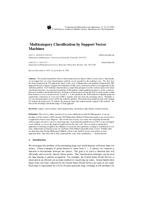 (PDF) Multicategory Classification by Support Vector Machines