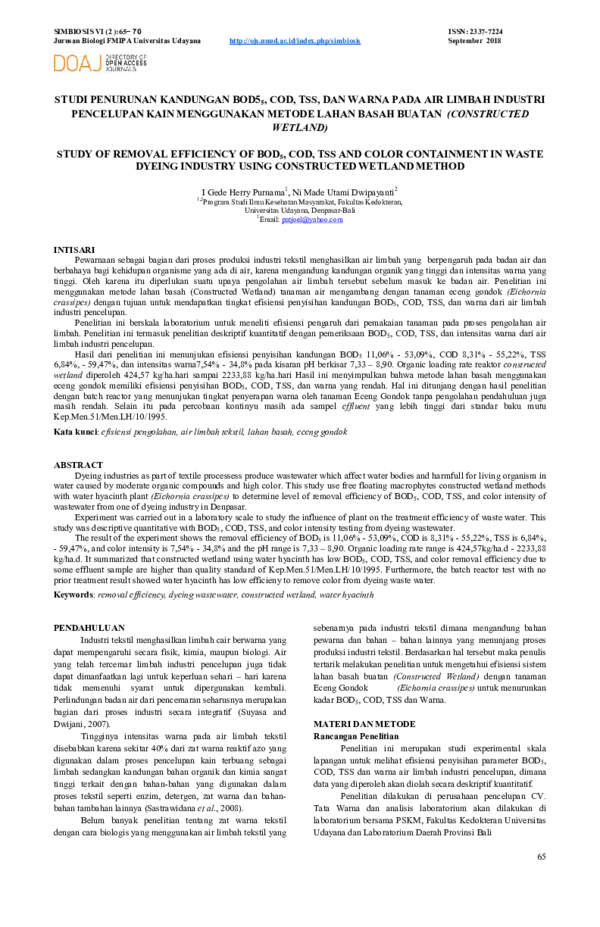 (PDF) Studi Penurunan Kandungan BOD55, Cod, TSS, Dan Warna Pada Air ...