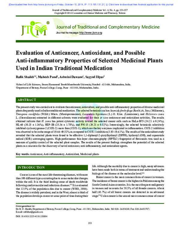 (PDF) Evaluation of Anticancer, Antioxidant, and Possible Anti-inflammatory Properties of ...