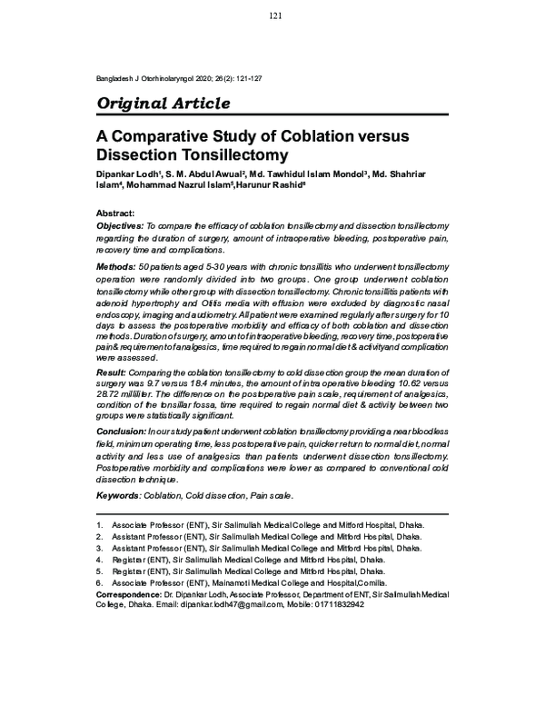 (PDF) A Comparative Study of Coblation versus Dissection Tonsillectomy