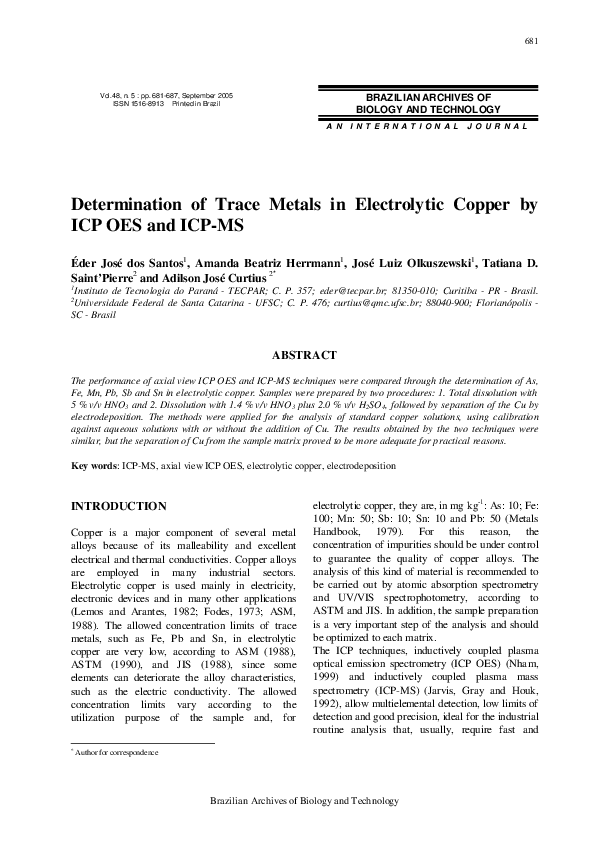 (PDF) Determination of trace metals in electrolytic copper by ICP OES ...