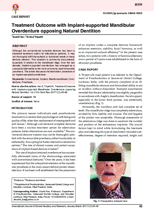 (PDF) Treatment Outcome with Implant-supported Mandibular Overdenture ...