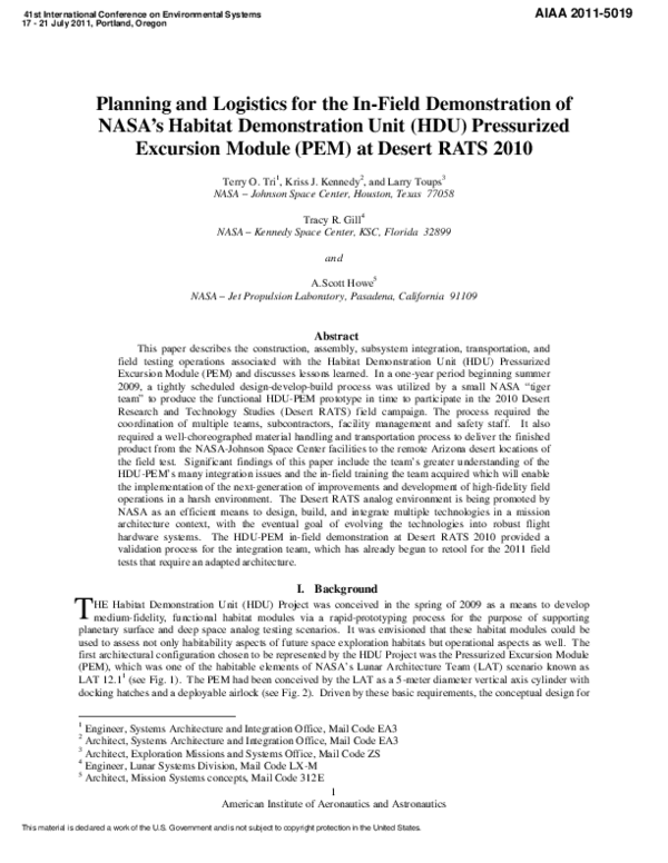 (PDF) Planning and Logistics for the In-Field Demonstration of NASA's ...
