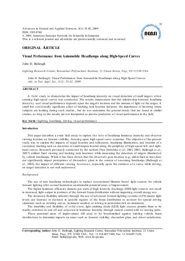 (PDF) Visual performance from automobile headlamps along high-speed curves