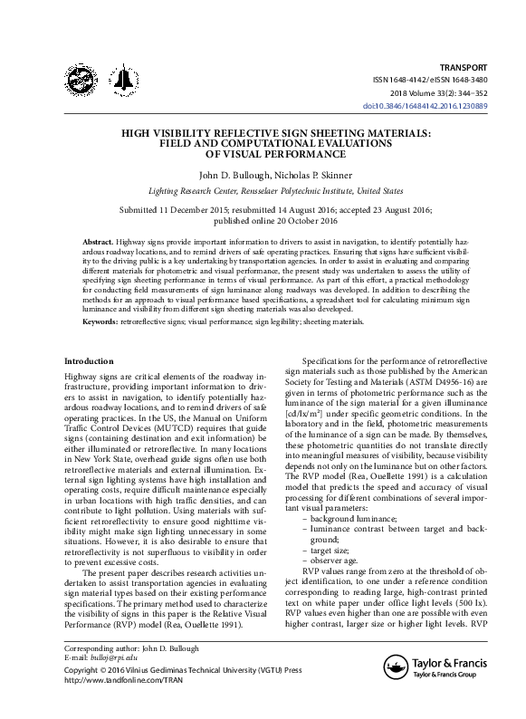 (PDF) High visibility reflective sign sheeting materials: field and ...