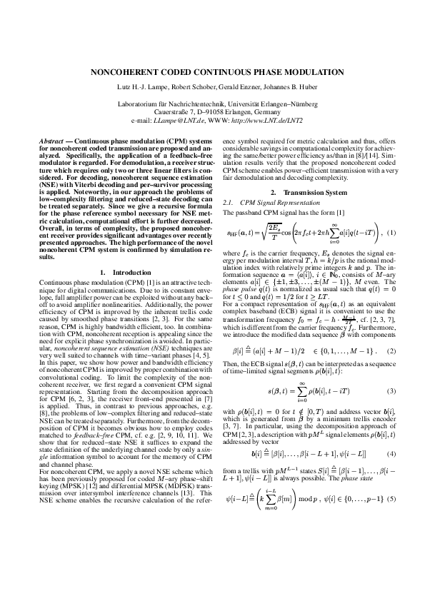 (PDF) Noncoherent coded continuous phase modulation