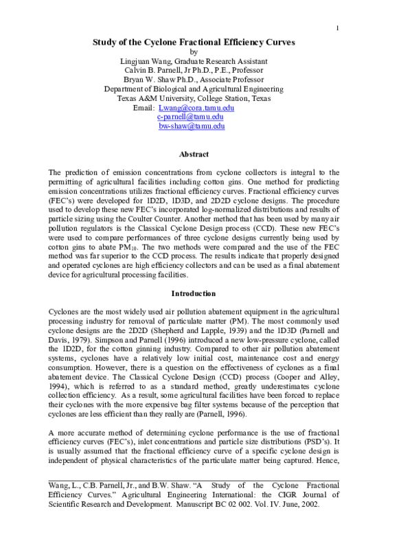 (PDF) Study of the cyclone fractional efficiency curves