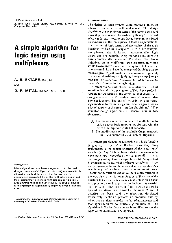 Pdf A Simple Algorithm For Logic Design Using Multiplexers