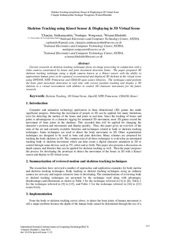 Pdf Skeleton Tracking Using Kinect Sensor And Displaying In 3d Virtual