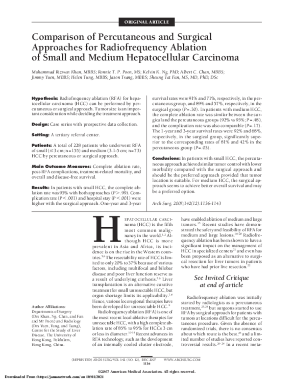 (PDF) Comparison of Percutaneous and Surgical Approaches for Radiofrequency Ablation of Small ...