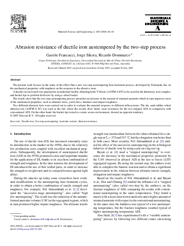 (PDF) Abrasion resistance of ductile iron austempered by the two-step process