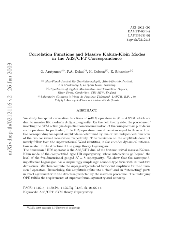 (PDF) Correlation functions and massive Kaluza–Klein modes in the AdS/CFT correspondence