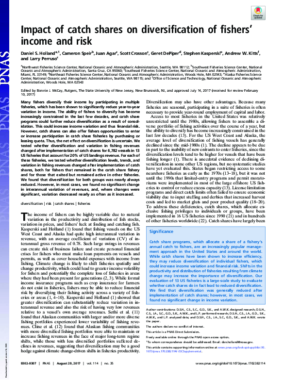 (PDF) Impact of catch shares on diversification of fishers’ income and risk