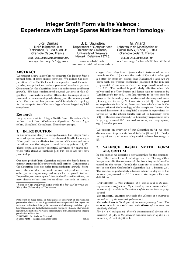 Pdf Integer Smith Form Via The Valence Experience With Large Sparse