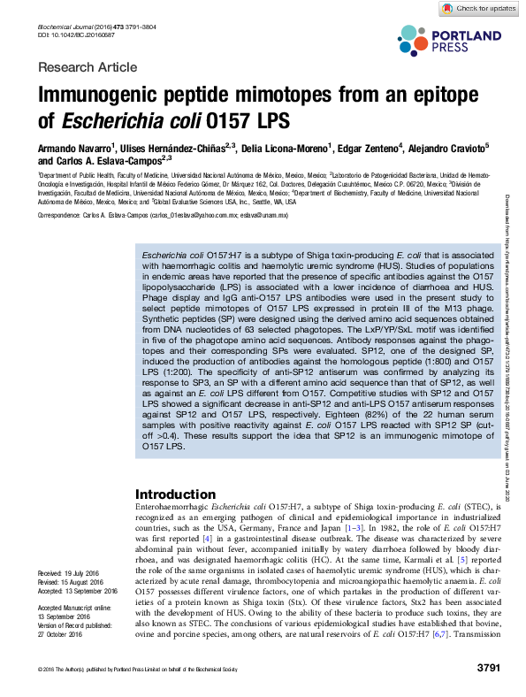 (PDF) Immunogenic peptide mimotopes from an epitope of Escherichia coli ...