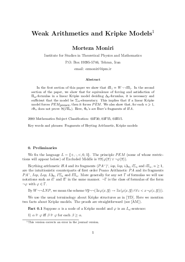 (PDF) Weak Arithmetics and Kripke Models