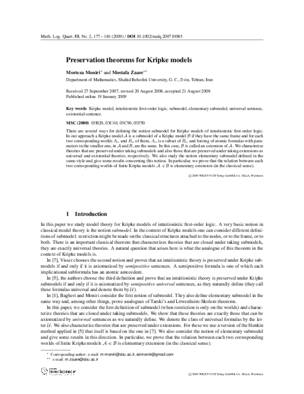 (PDF) Preservation theorems for Kripke models
