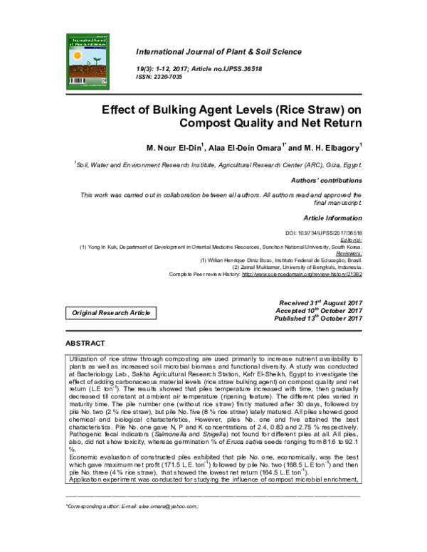 (PDF) Effect of Bulking Agent Levels (Rice Straw) on Compost Quality ...