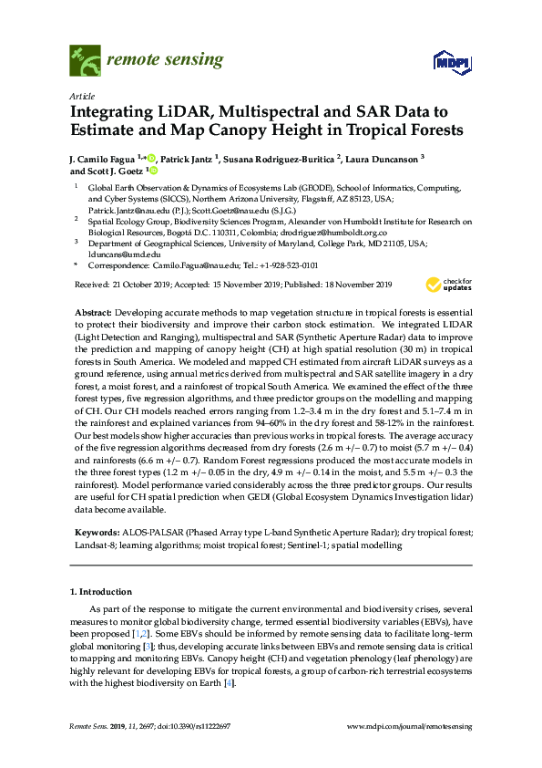 (PDF) Integrating LiDAR, Multispectral and SAR Data to Estimate and Map Canopy Height in ...
