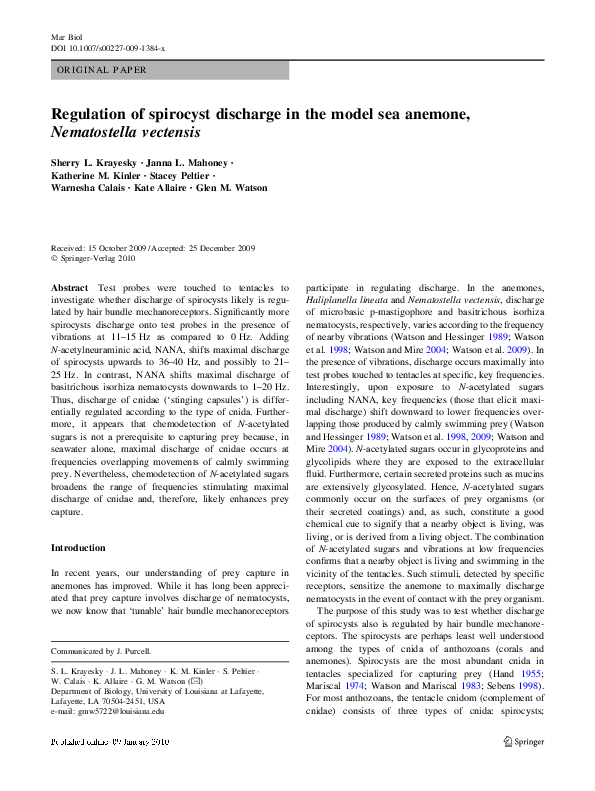 (PDF) Regulation of spirocyst discharge in the model sea anemone ...