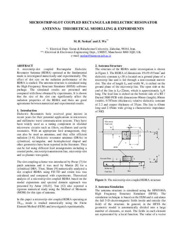 Pdf Microstrip Slot Coupled Rectangular Dielectric Resonator Antenna Theoretical Modelling