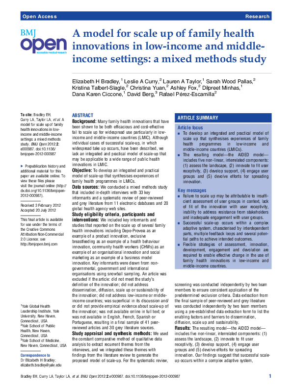 (PDF) A model for scale up of family health innovations in low-income ...
