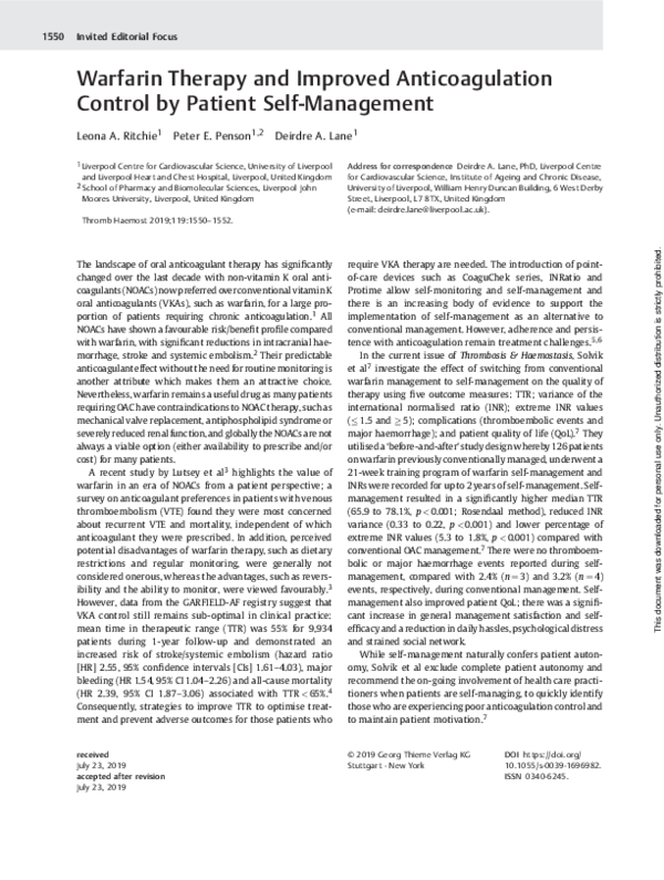 (PDF) Warfarin Therapy and Improved Anticoagulation Control by Patient ...