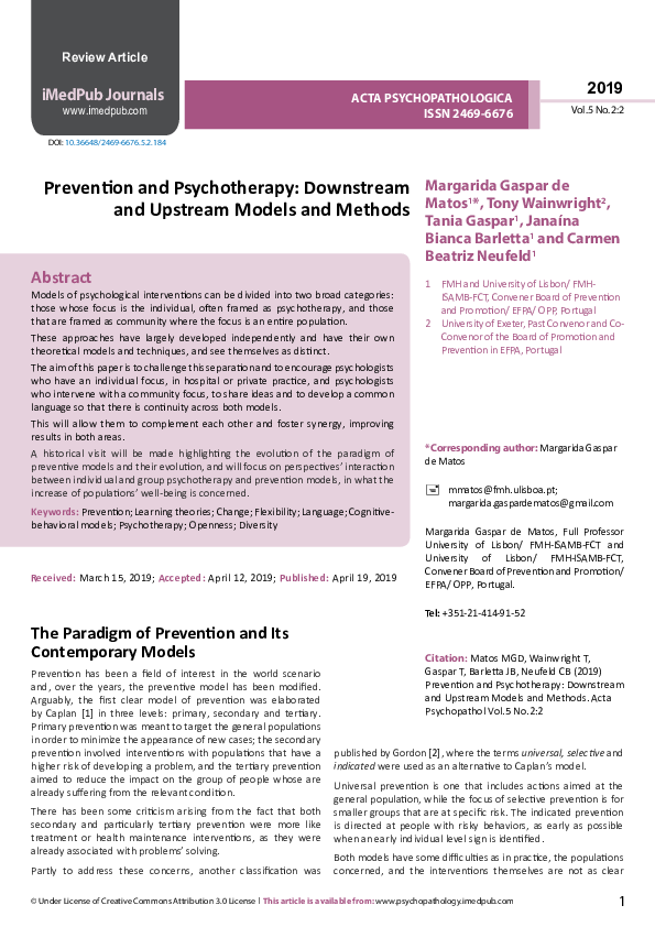 (PDF) Prevention and Psychotherapy: Downstream and Upstream Models and ...