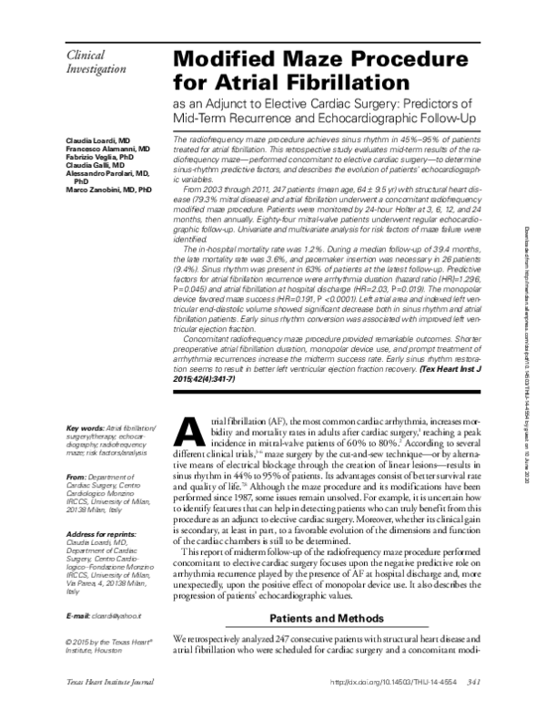 (PDF) Modified Maze Procedure for Atrial Fibrillation as an Adjunct to ...