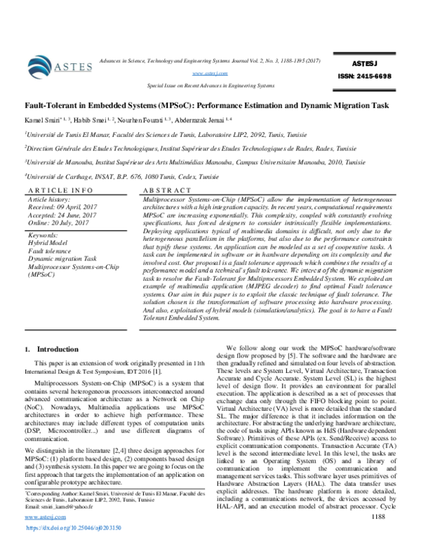 (PDF) Fault-Tolerant in Embedded Systems (MPSoC): Performance Estimation and Dynamic Migration Task