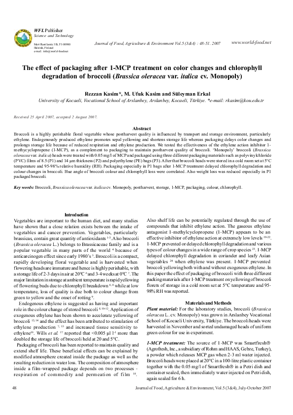 (PDF) The effect of packaging after 1-MCP treatment on color changes and chlorophyll degradation ...
