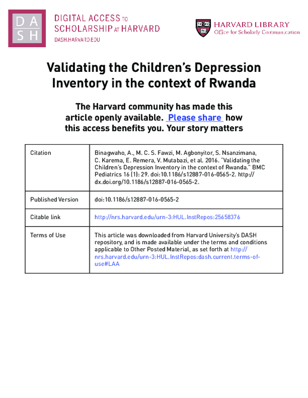 (PDF) Validating the Children’s Depression Inventory in the context of ...