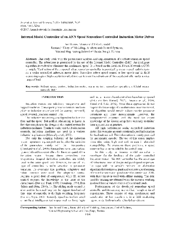Pdf Internal Model Controller Of An Ann Speed Sensorless Controlled