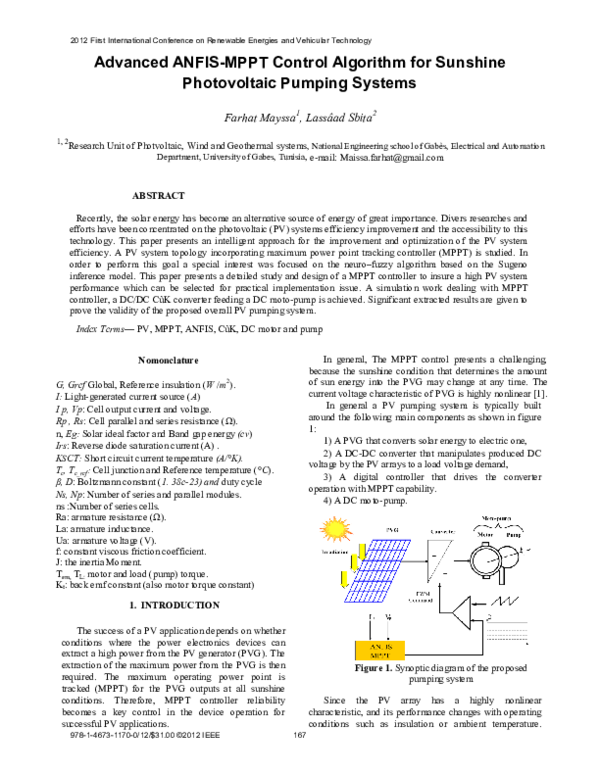 (PDF) Advanced ANFIS-MPPT control algorithm for sunshine photovoltaic pumping systems