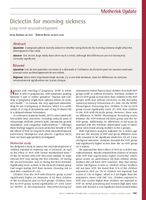(PDF) Diclectin for morning sickness: Long-term neurodevelopment