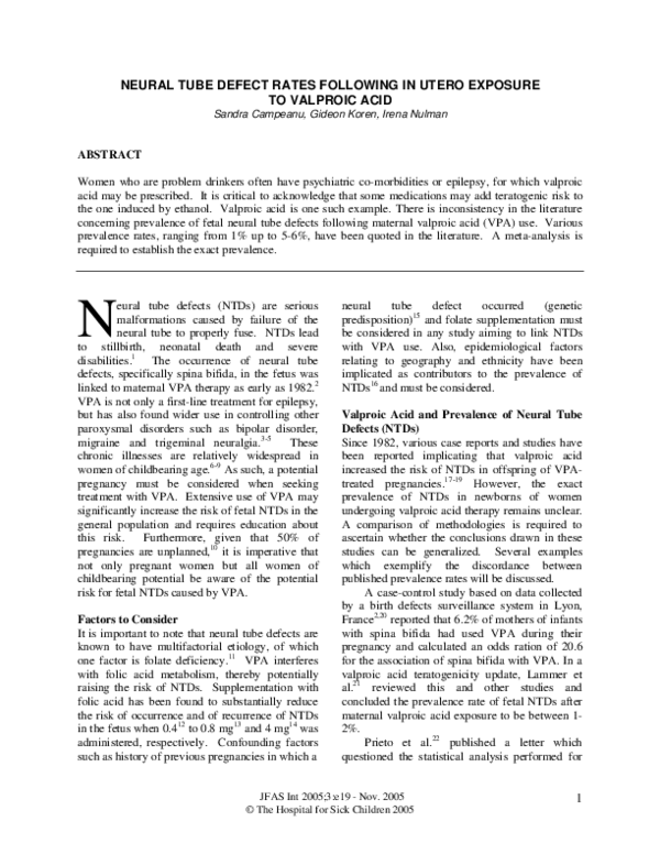 (PDF) Neural Tube Defect Rates Following in Utero Exposure to Valproic Acid